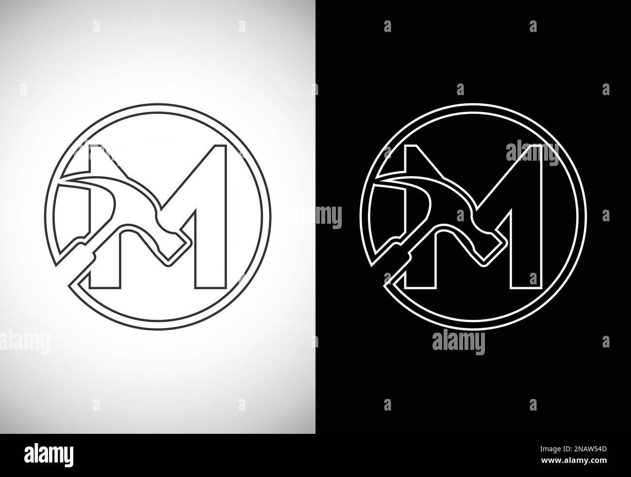 Initial M letter alphabet with a Hammer. Repair, renovation, and construction logo. Line art ...