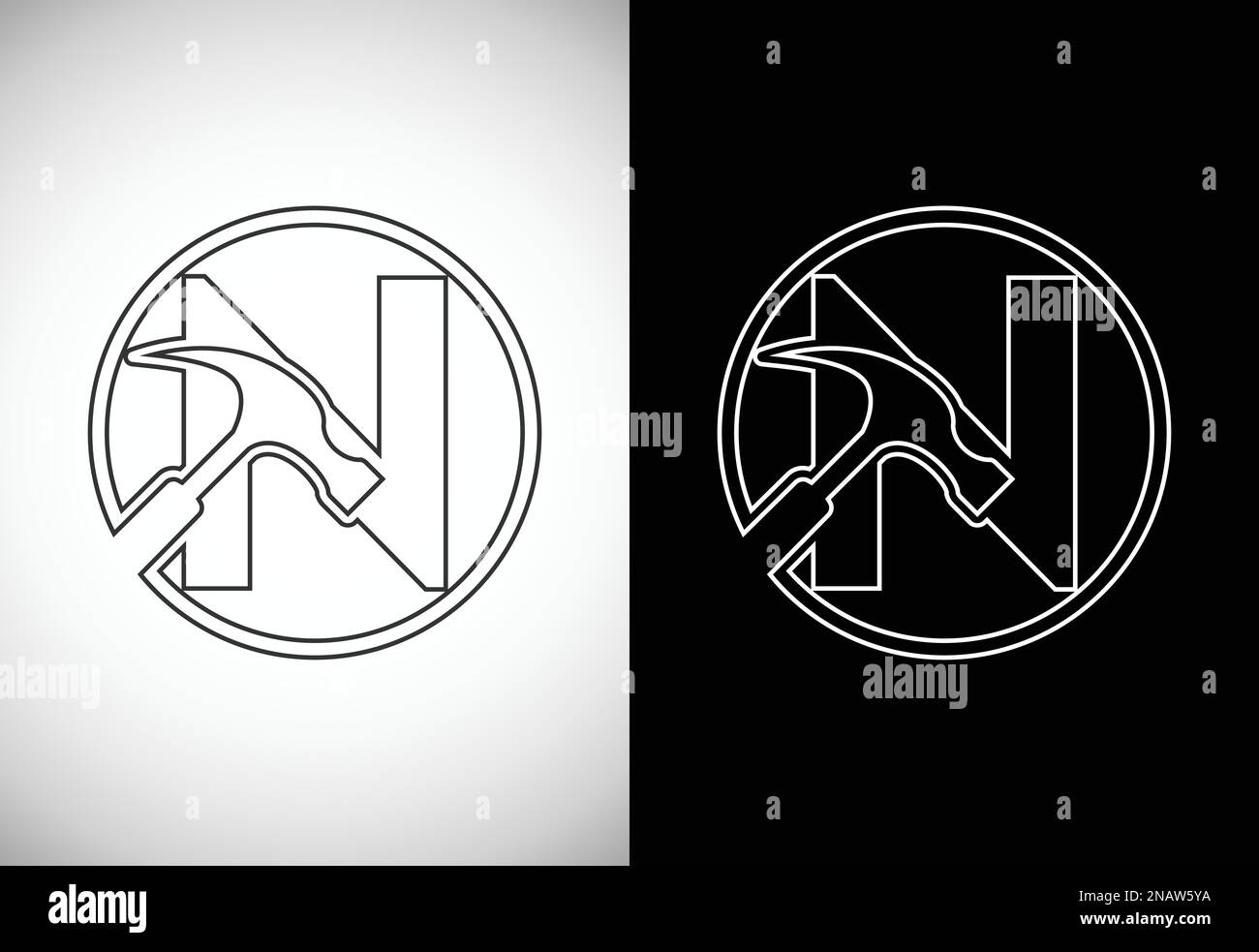 Initial N letter alphabet with a Hammer. Repair, renovation, and ...