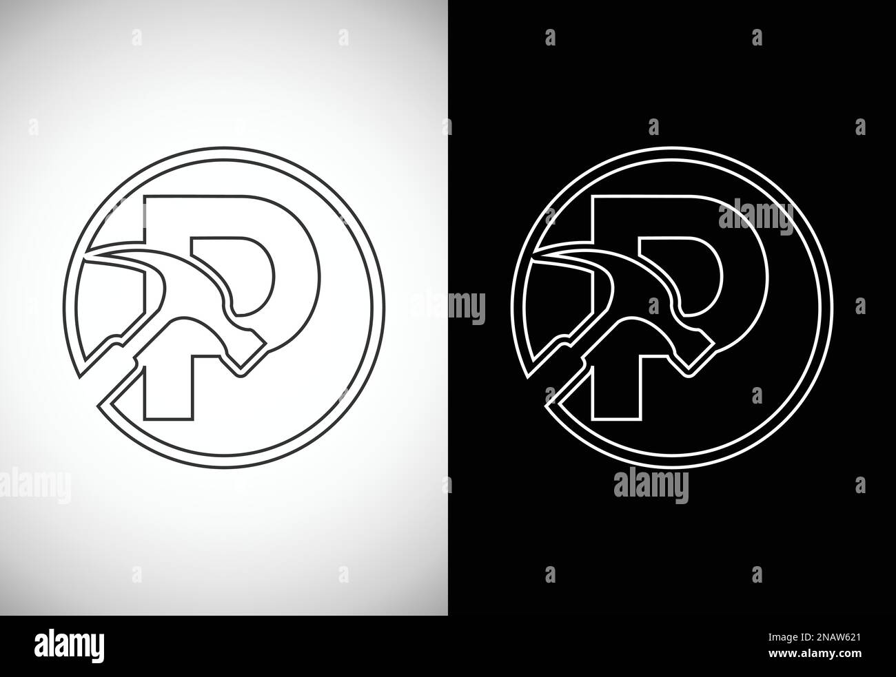 Initial P letter alphabet with a Hammer. Repair, renovation, and ...