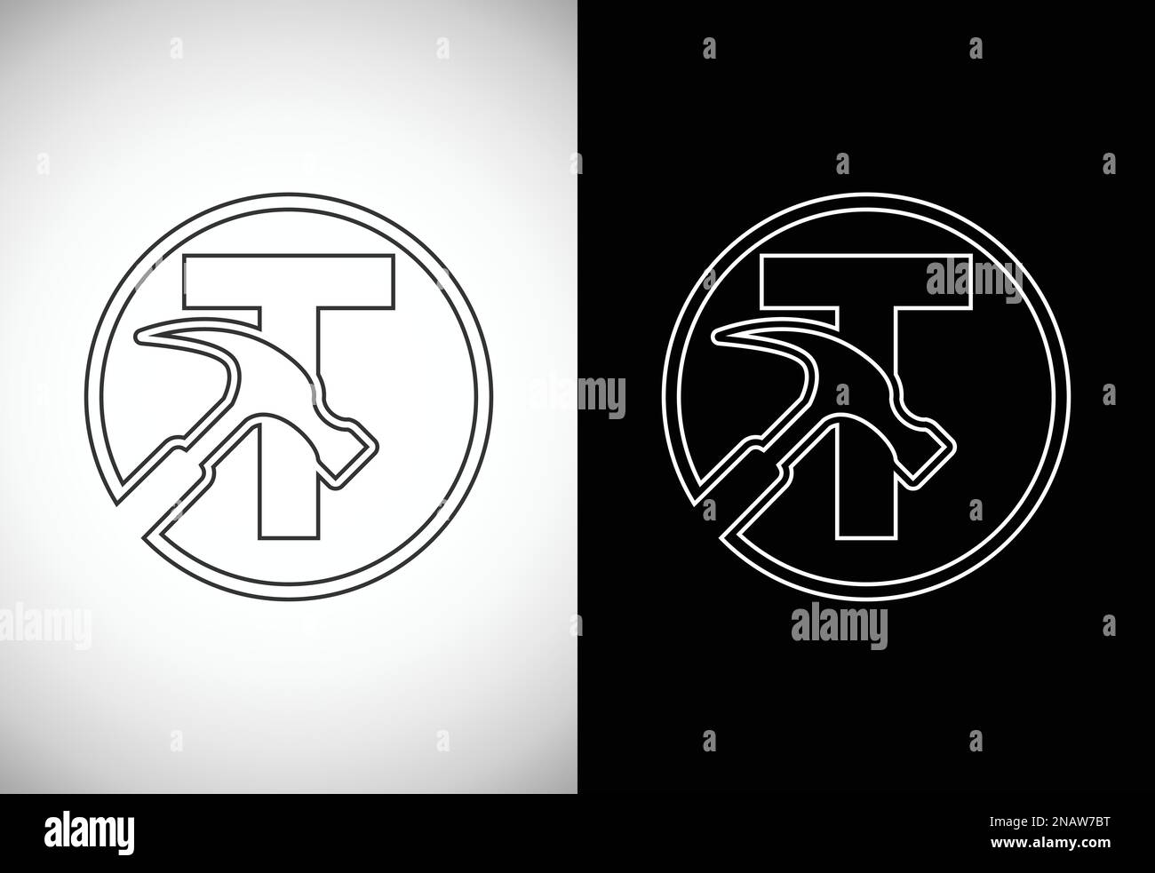Initial T letter alphabet with a Hammer. Repair, renovation, and ...