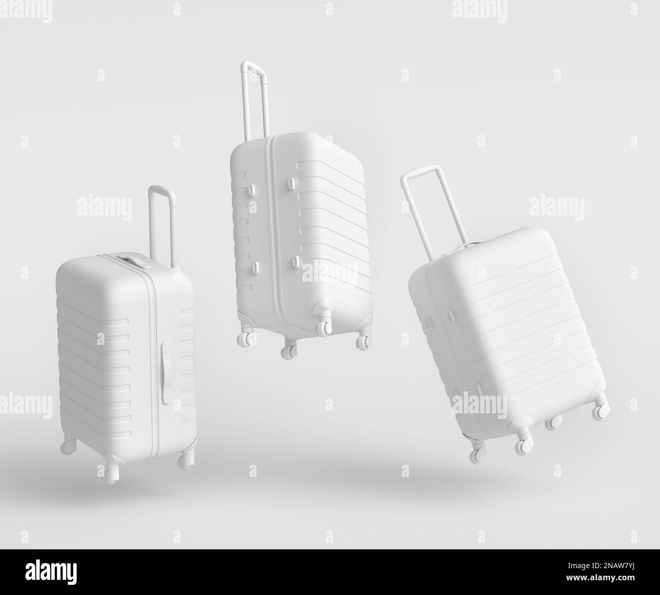 Colorful suitcase or baggage flying on monochrome background. 3D render ...