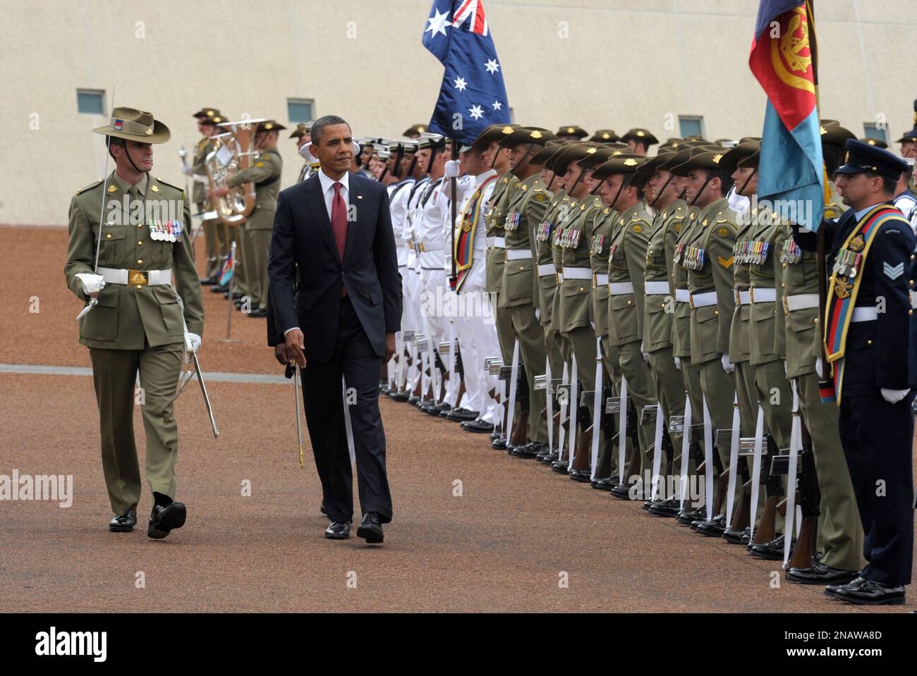 President Barack Obama reviews the troops with Federation Guard Maj ...