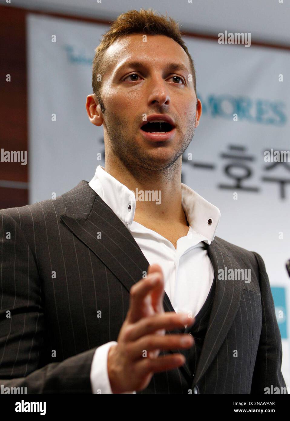 Five-time swimming Olympic gold medalist Ian Thorpe of Australia speaks ...