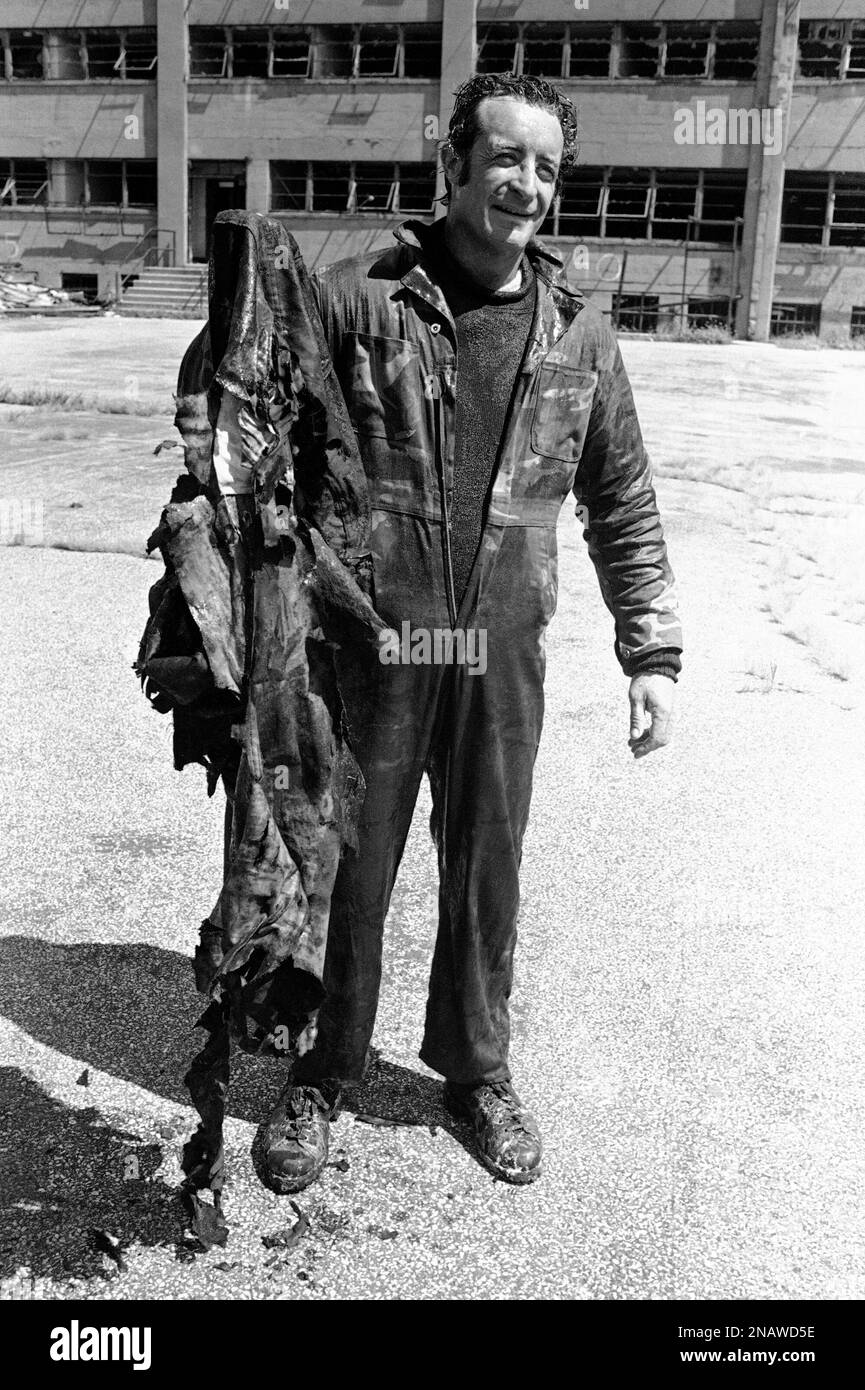 Movie stuntman Grant Page, of Sydney, Australia, displays the remains ...
