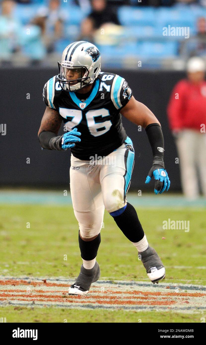 Carolina Panthers defensive end Greg Hardy (76) comes off the line of ...