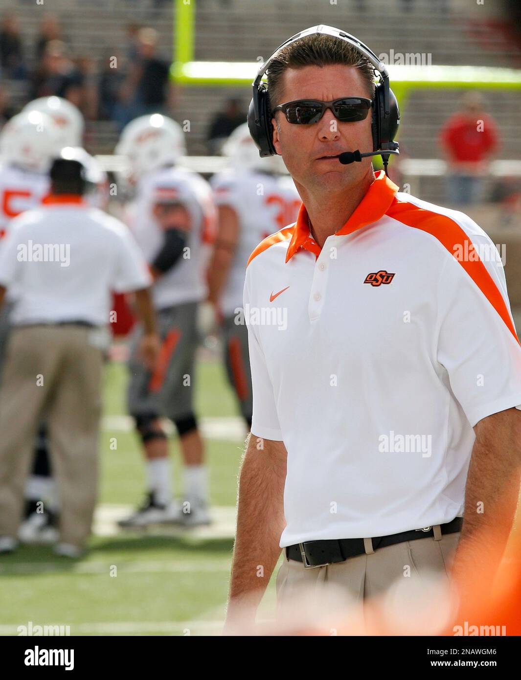Oklahoma State head coach Mike Gundy is pictured in an NCAA college ...