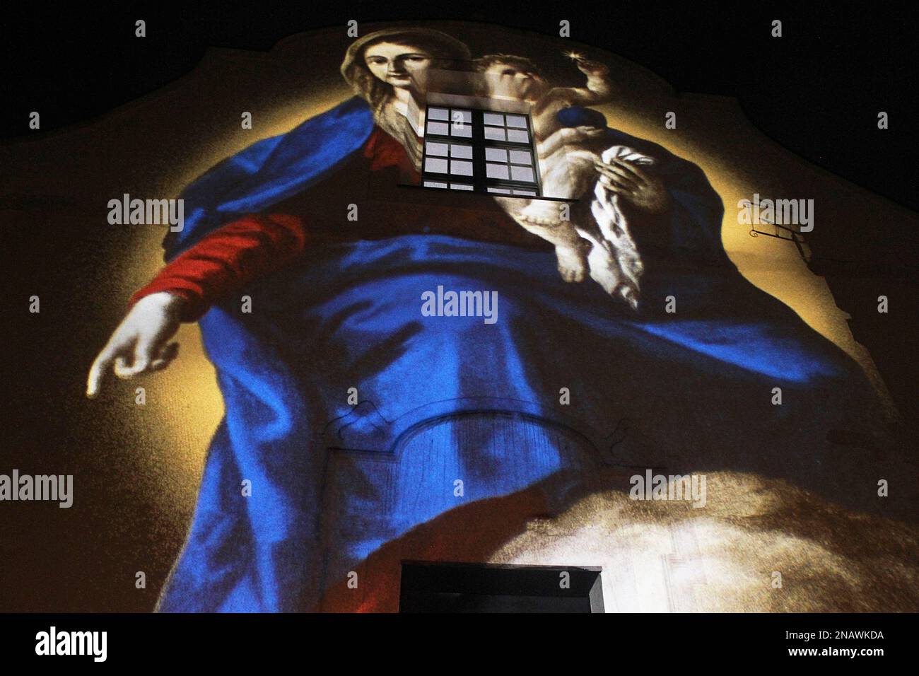 Gaeta, Italy. An artistic projection of the Virgin Mary with baby Jesus ...