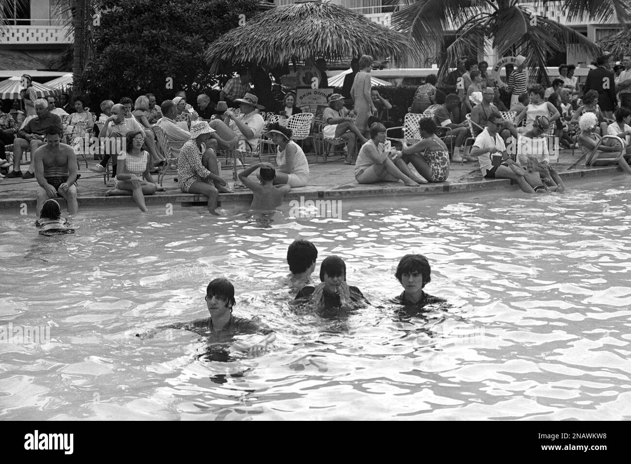 The Beatles surface during a dip in the swimming pool of the Nassau ...