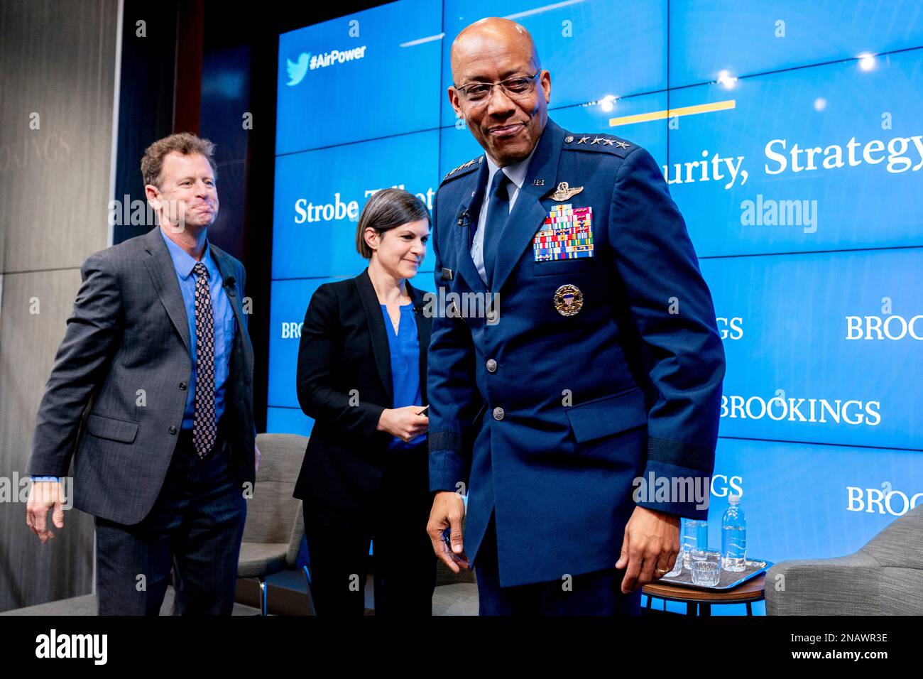 Air Force Chief of Staff Gen. Charles Brown Jr., right, accompanied by Brookings Institution ...