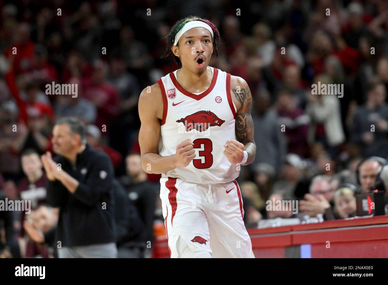 Arkansas guard Nick Smith Jr. (3) reacts after a play against ...