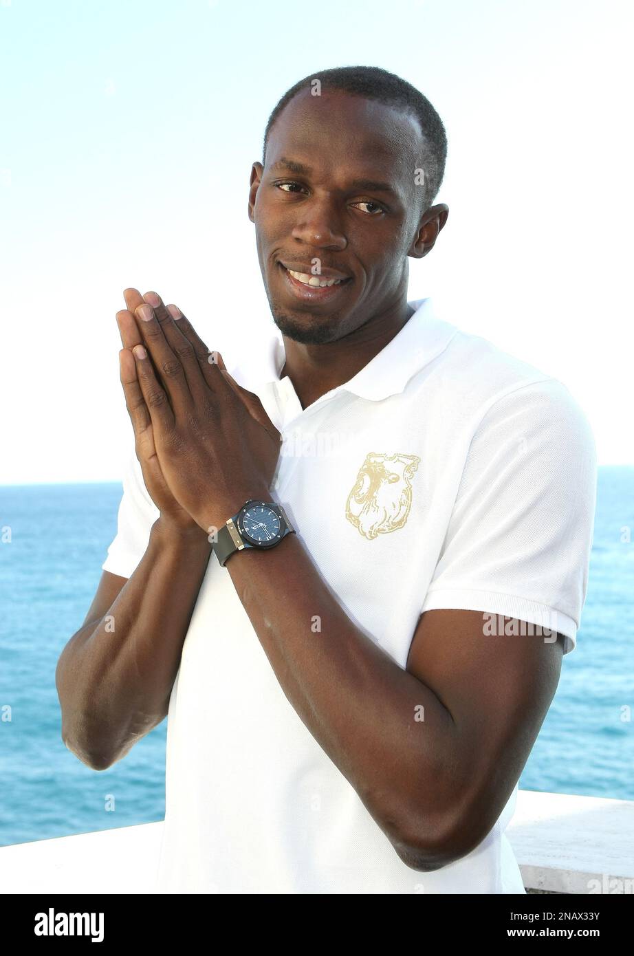 Jamaican sprinter Usain Bolt , poses for photographers during a press ...