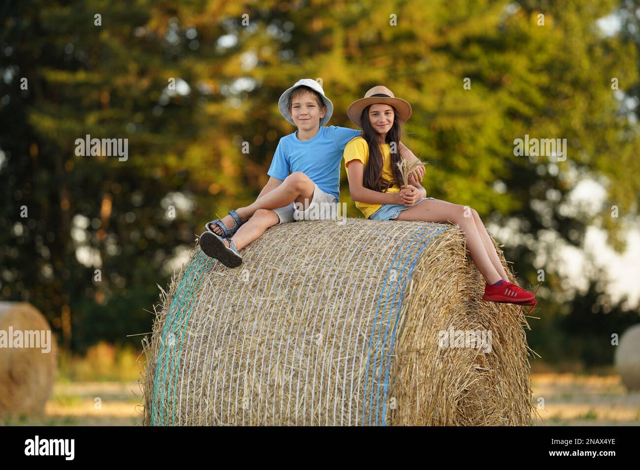 Happy teenage girl and girl relaxing on a hay bale field during harvest ...