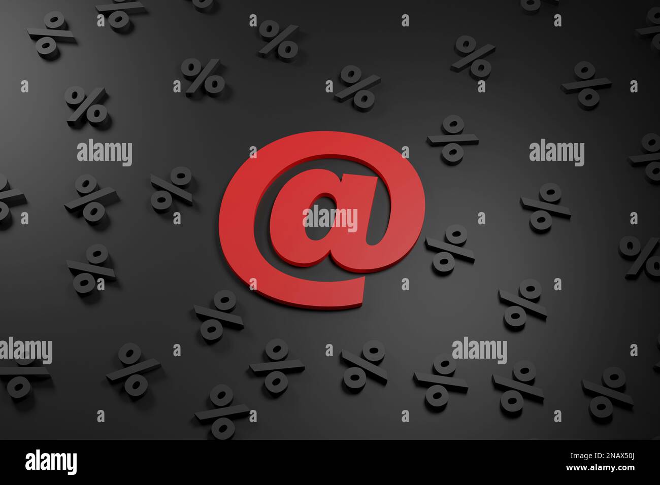 3d rendered red email sign laying with a bunch of percentile signs ...