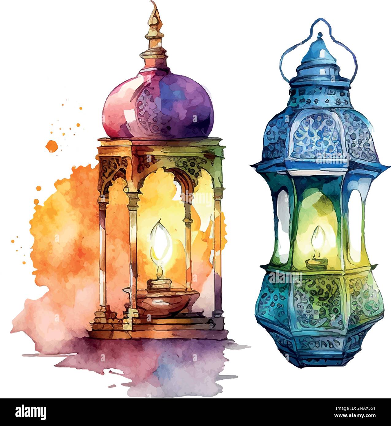 islamic lantern watercolor illustration with golden metal material ...