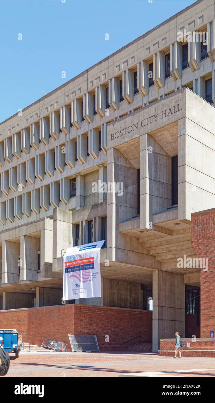 Boston City Hall western façade during renovations (September 2019 ...