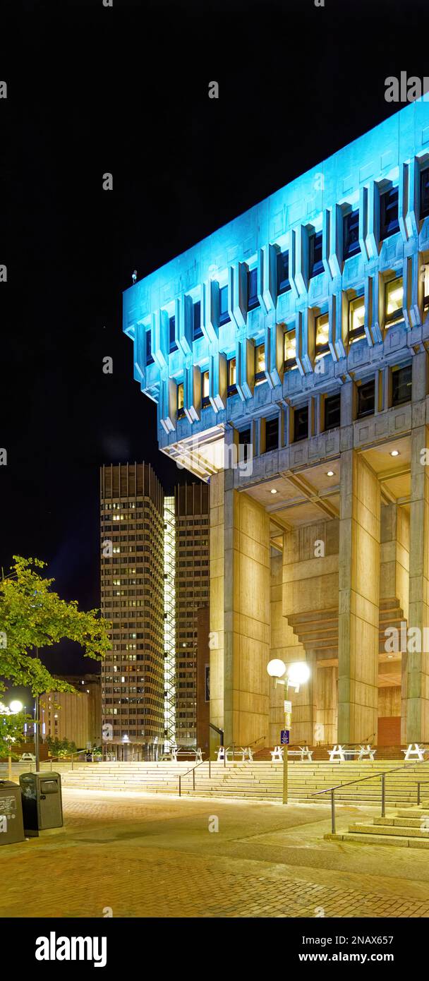 Boston City Hall, corner detail. The brightly lit plaza is all but ...