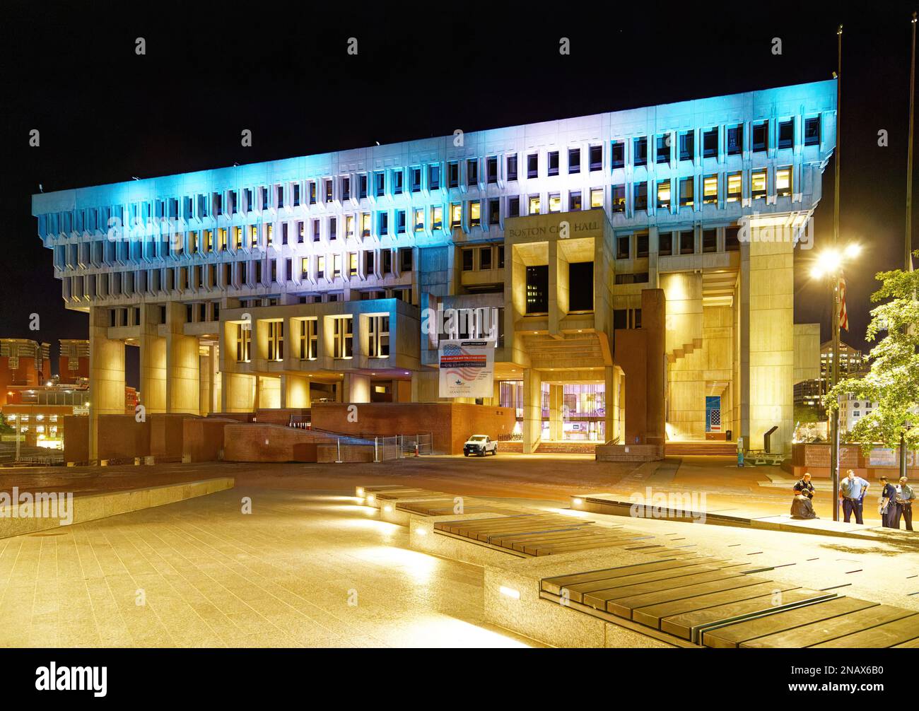 Boston City Hall at night, during renovations in September 2019. At ...