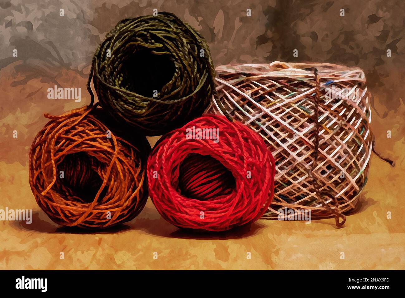 Digitally created watercolor painting of multiple skeins balls of yarn ...