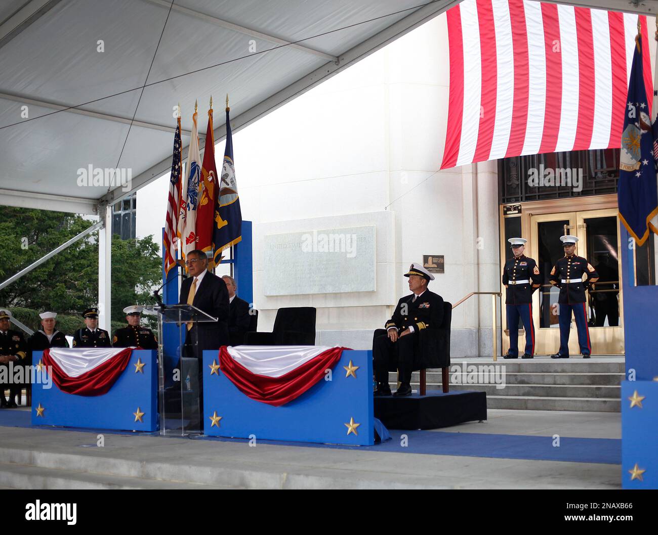 Defense Secretary Leon Panetta, left, speaks during the dedication ...