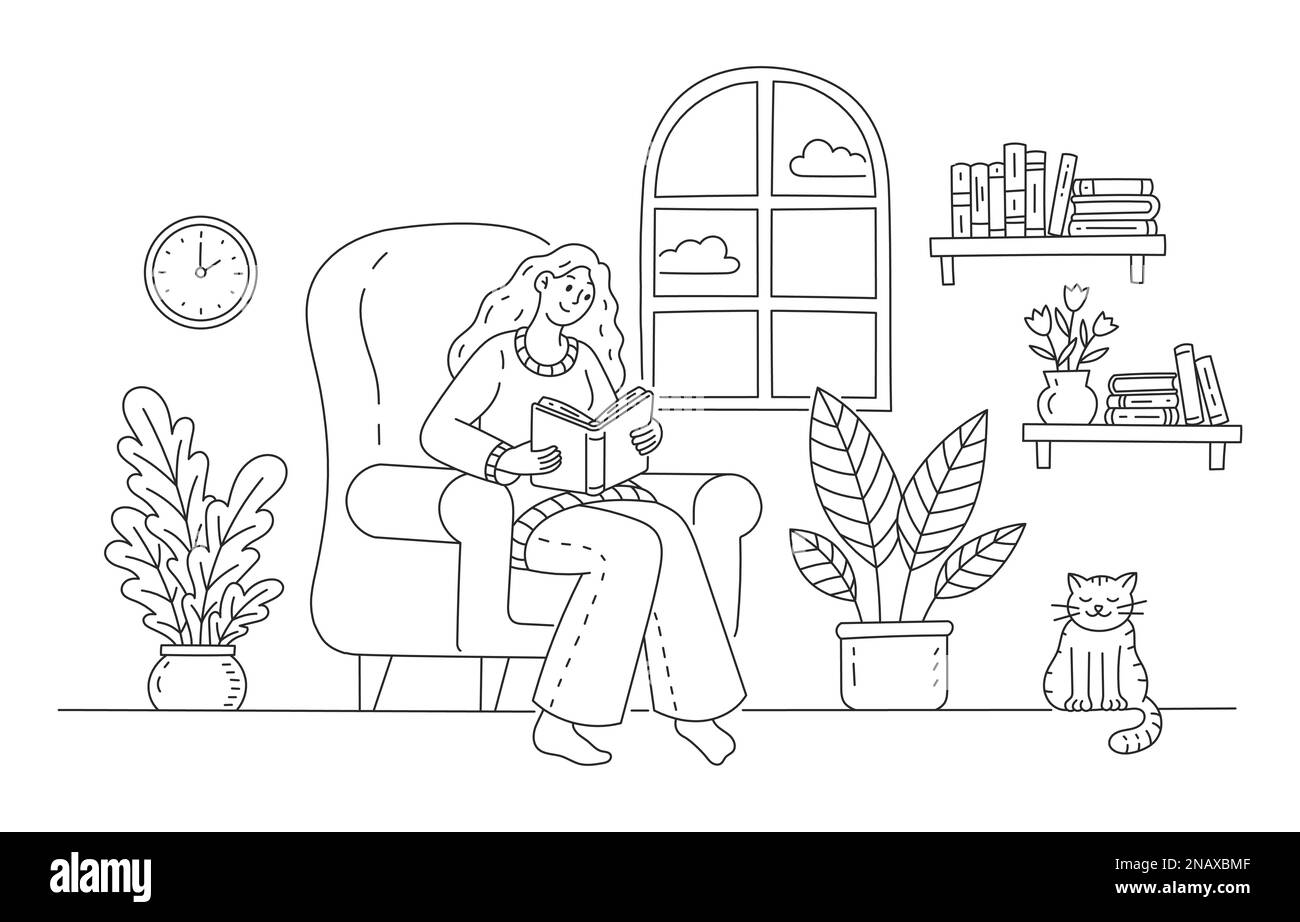 Girl reading book doodle illustration including young woman sitting in ...