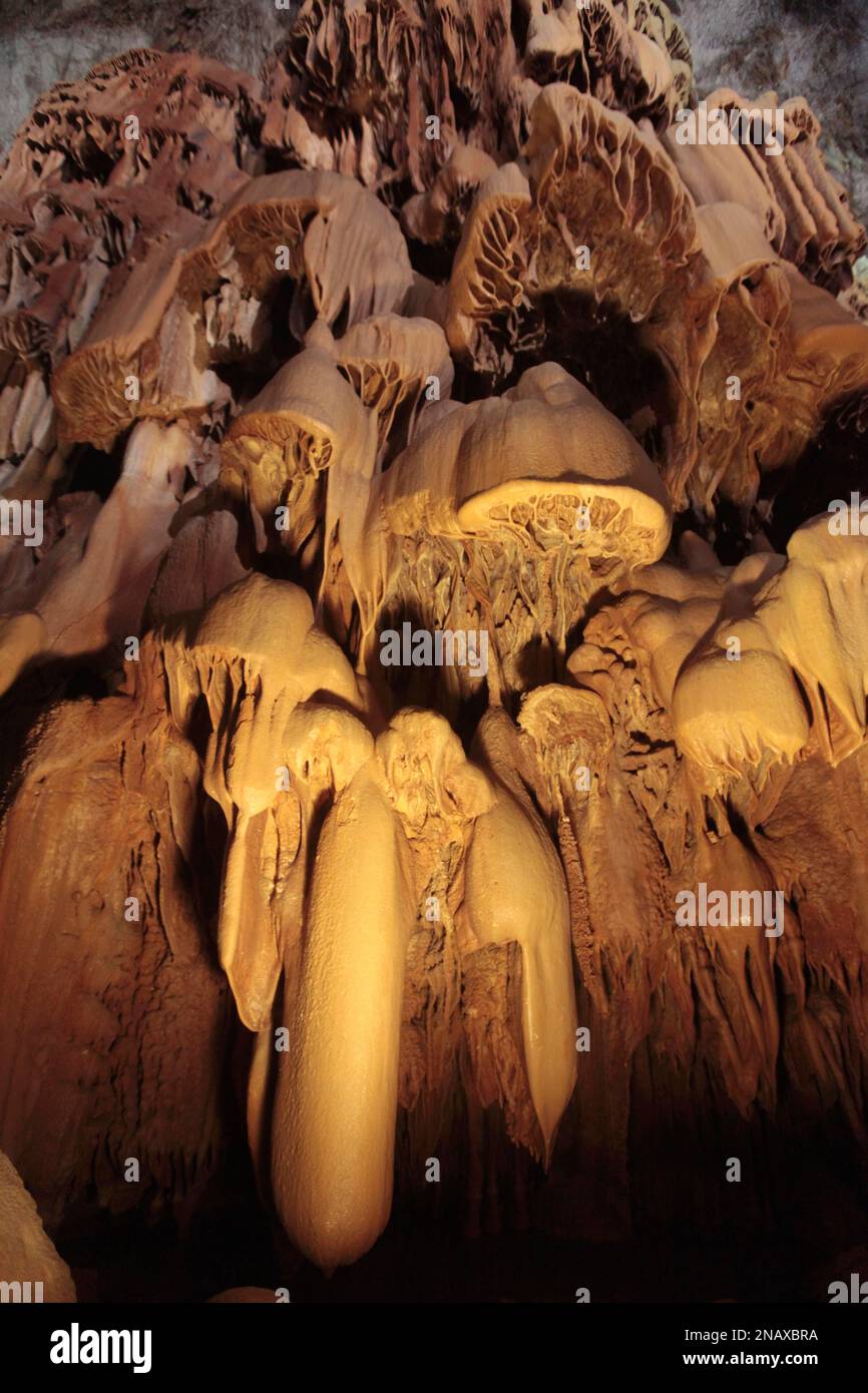 Stalactites are seen hanging in the upper cave of the Jeita Grotto a ...