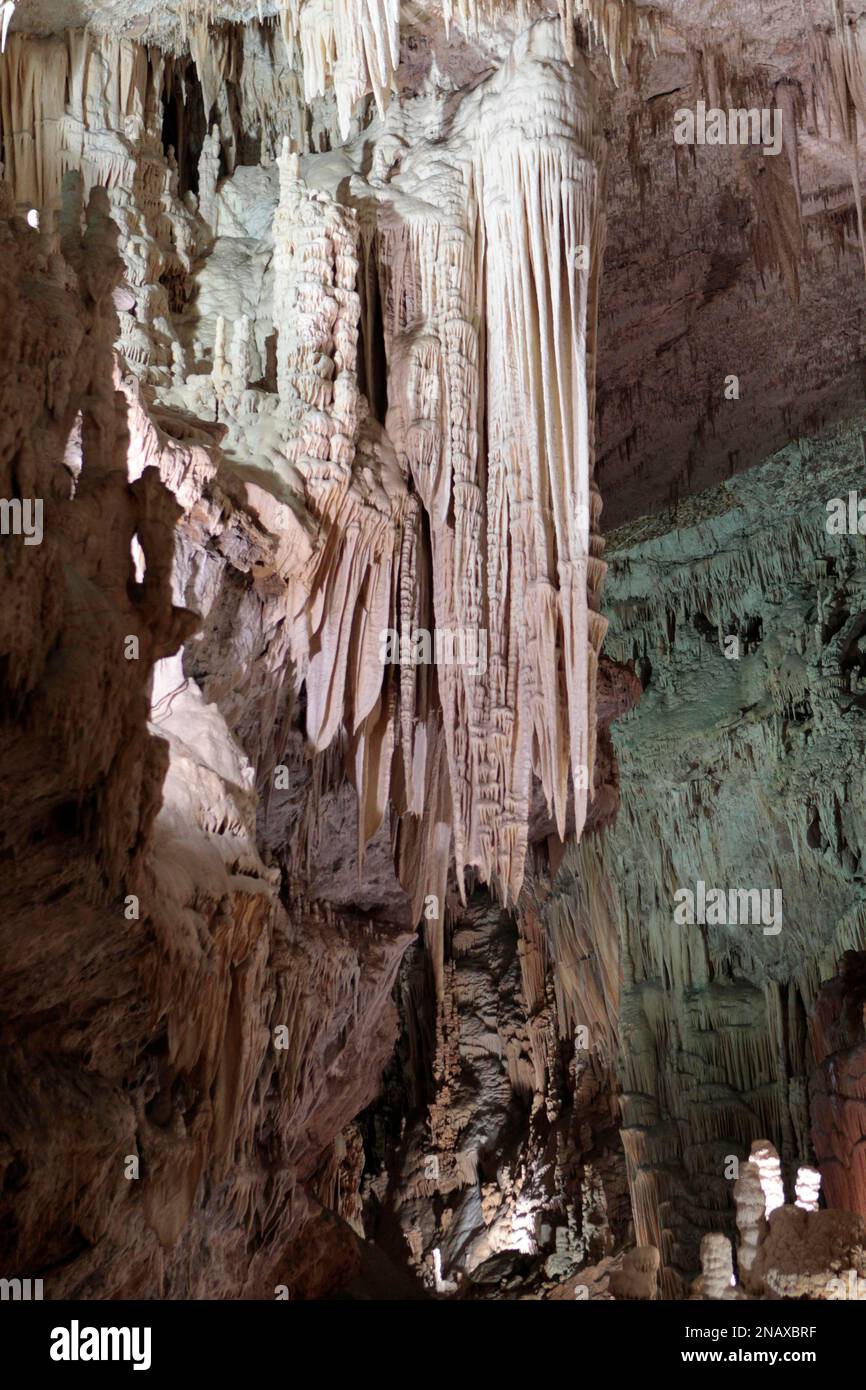 Stalactites are seen hanging in the upper cave of the Jeita Grotto ...