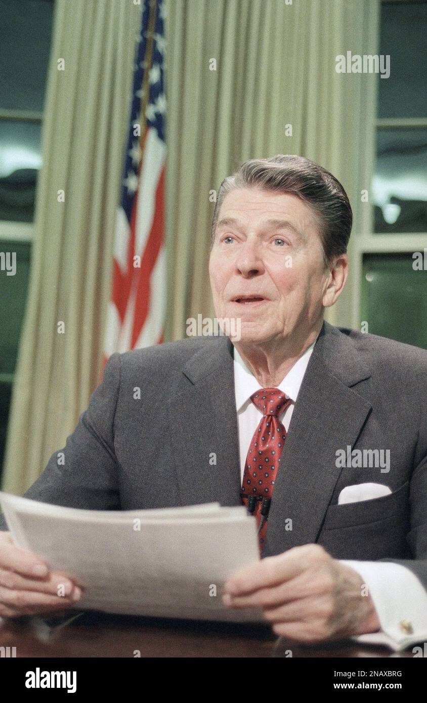 President Ronald Reagan speaks in the Oval Office in Washington, after ...