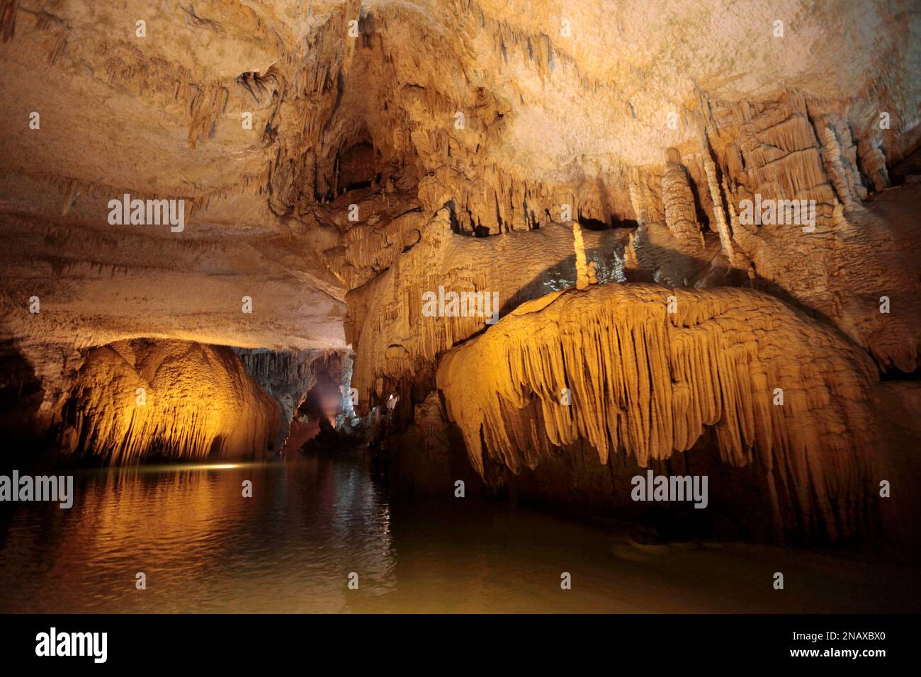 Stalactites are seen hanging in the lower cave of the Jeita Grotto a ...