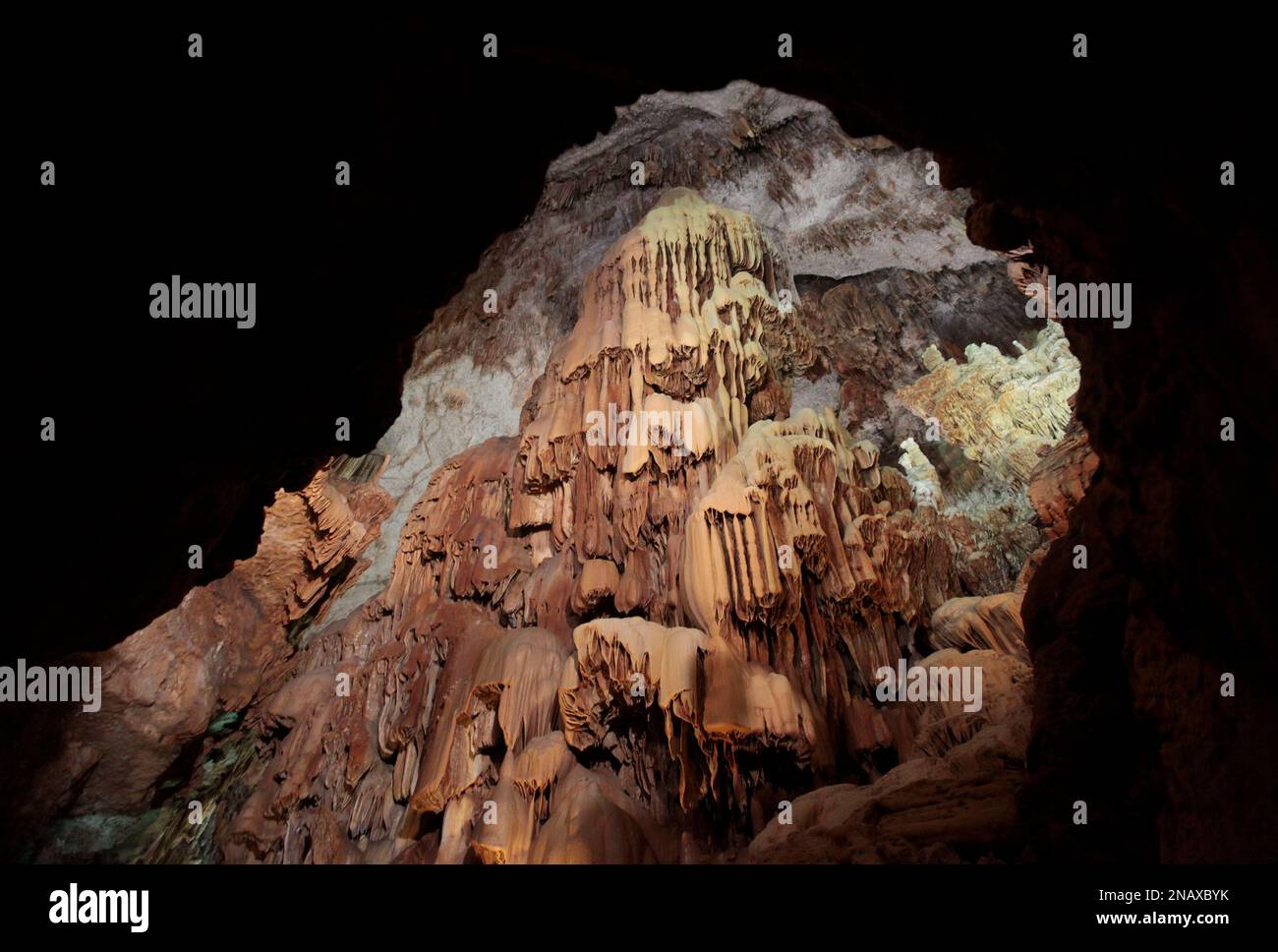 Stalactites are seen hanging in the upper cave of the Jeita Grotto ...