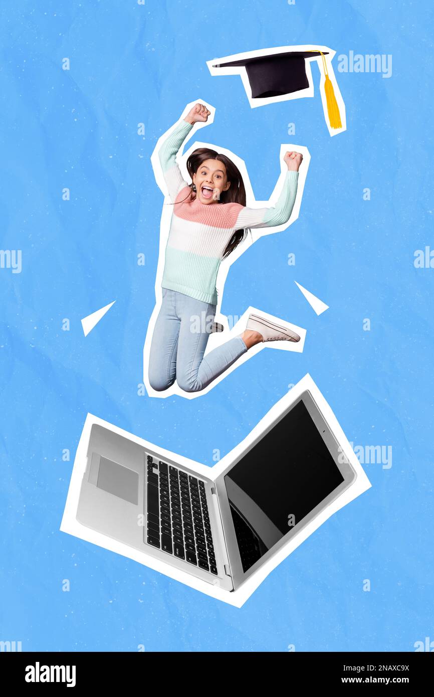 Vertical creative photo graphics of funny careless positive schoolgirl ...