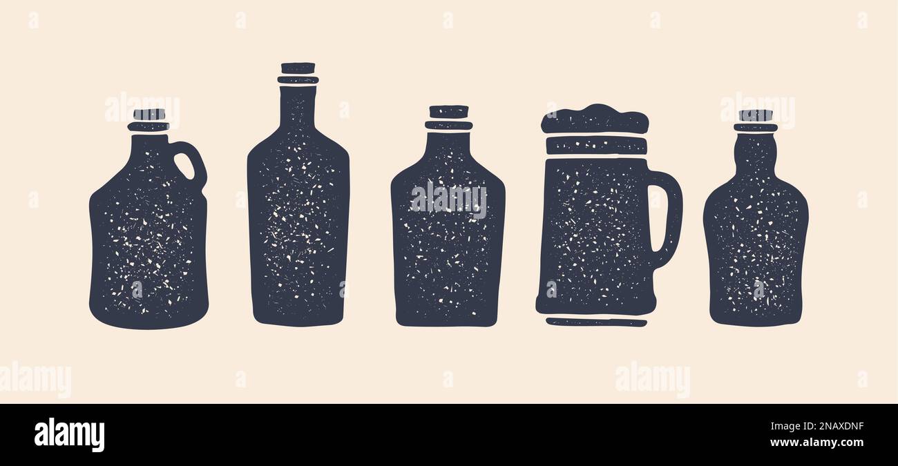 Set of bottle. Collection bottles for vodka, gin, bourbon, silhouette ...