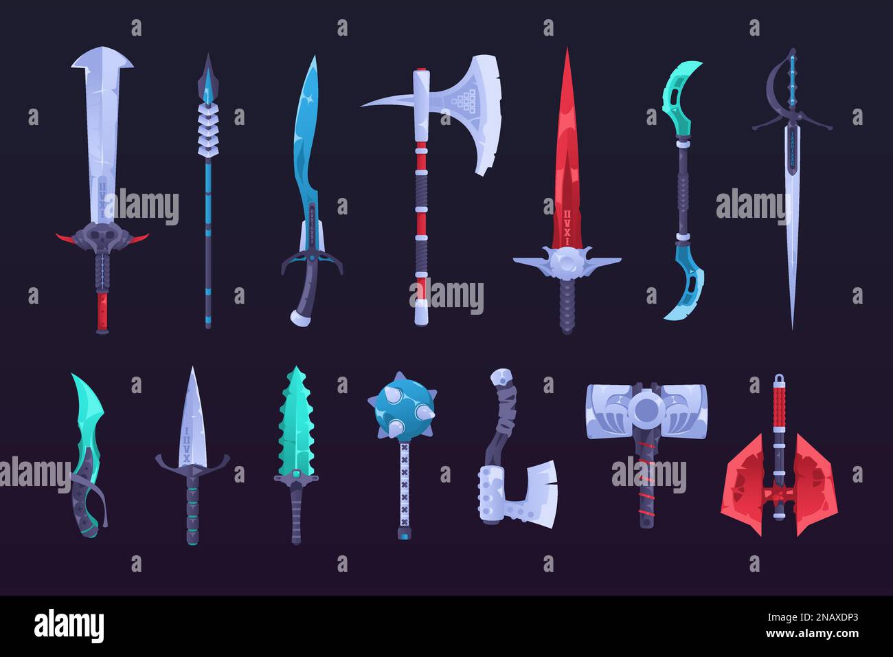 Game weapon. Colorful fantasy warrior battle attack ammunition knife sword mace sabre axe ...