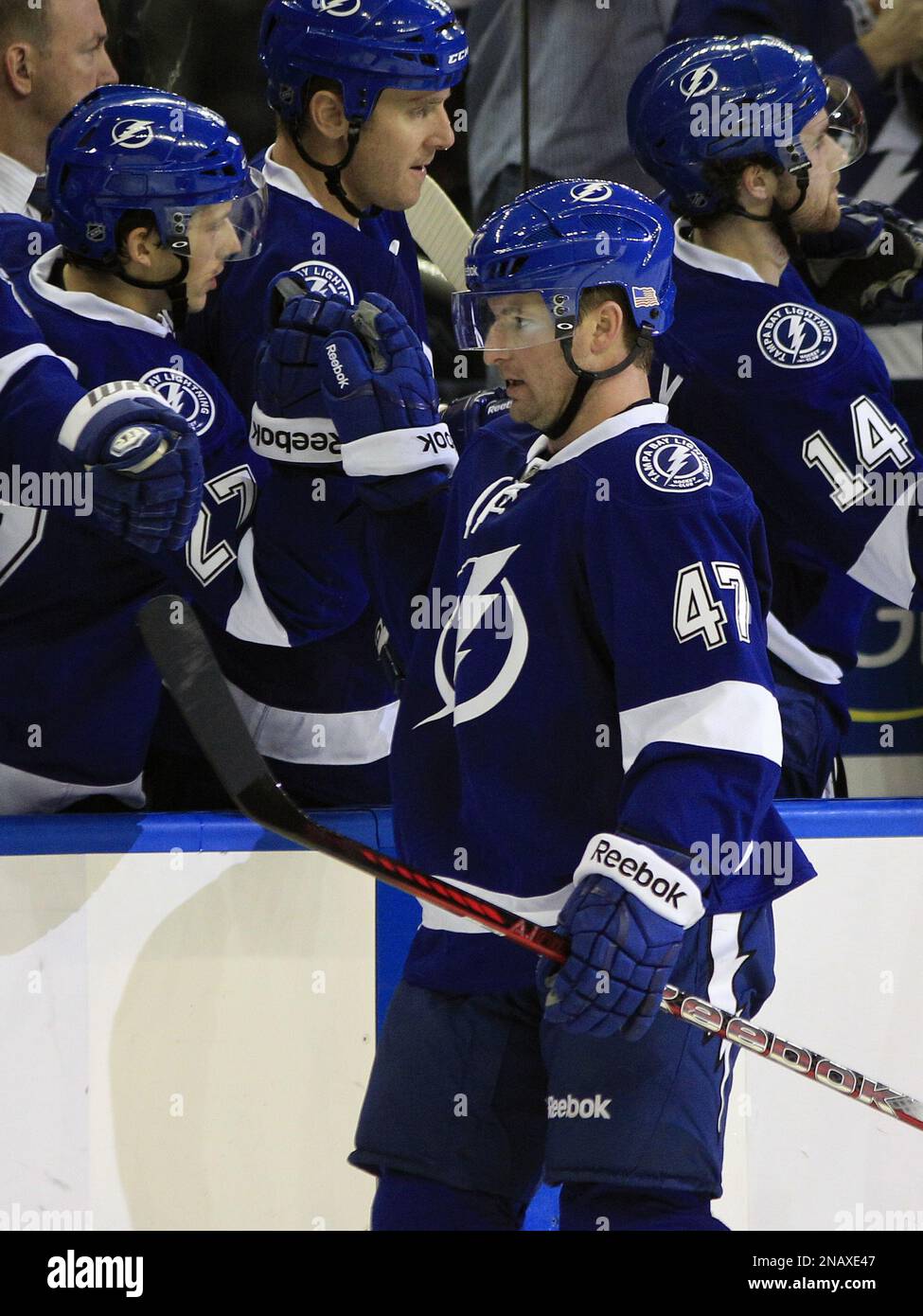 Tampa Bay Lightning defenseman Marc-Andre Bergeron (47) celebrates with ...