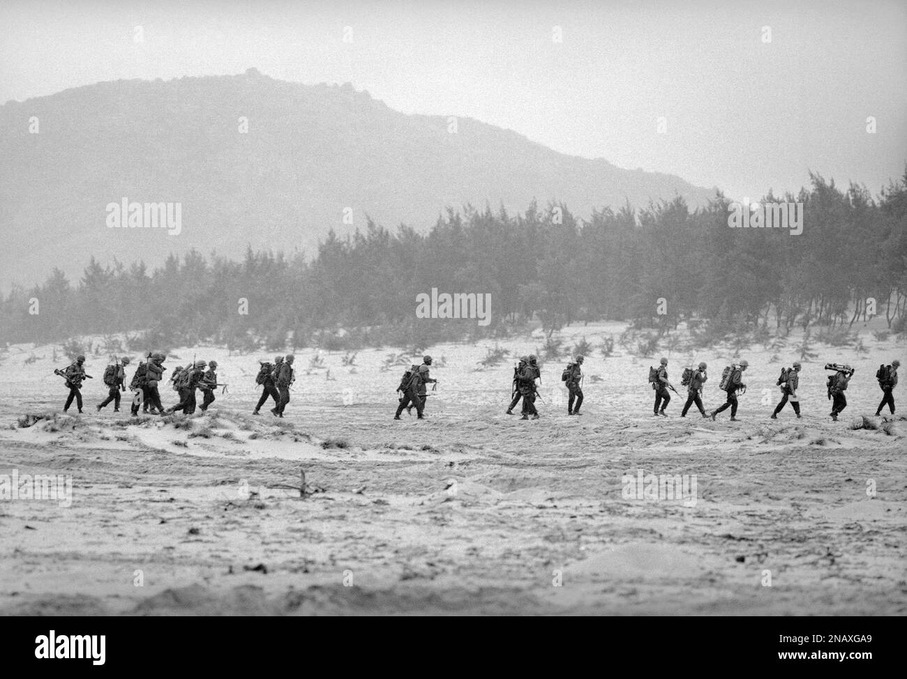 Column of U.S. Marines file along the beach. Troops were part of force ...