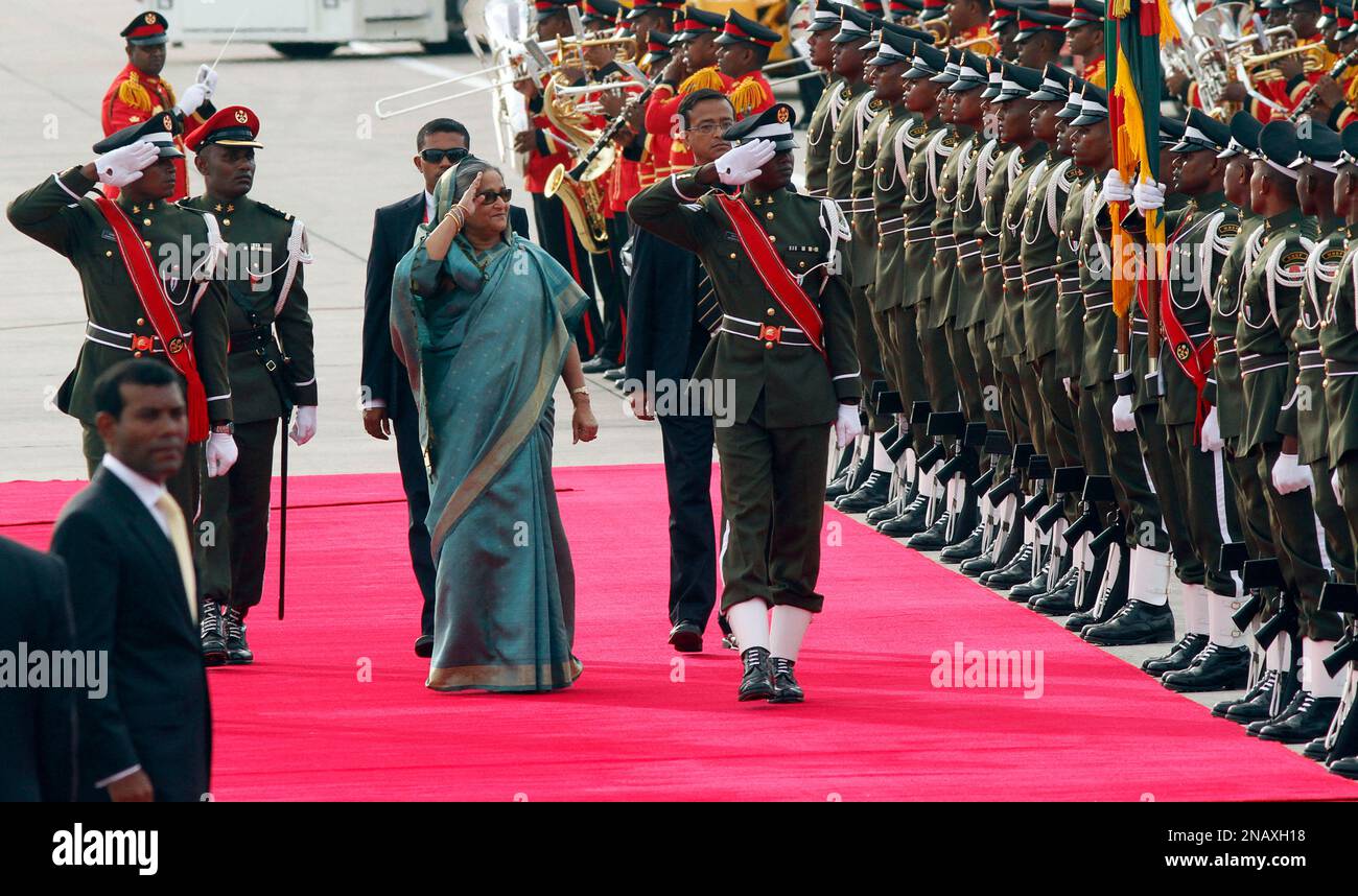 Prime Minister of Bangladesh Sheikh Hasina inspects a guard of honour after her arrival in Addu ...