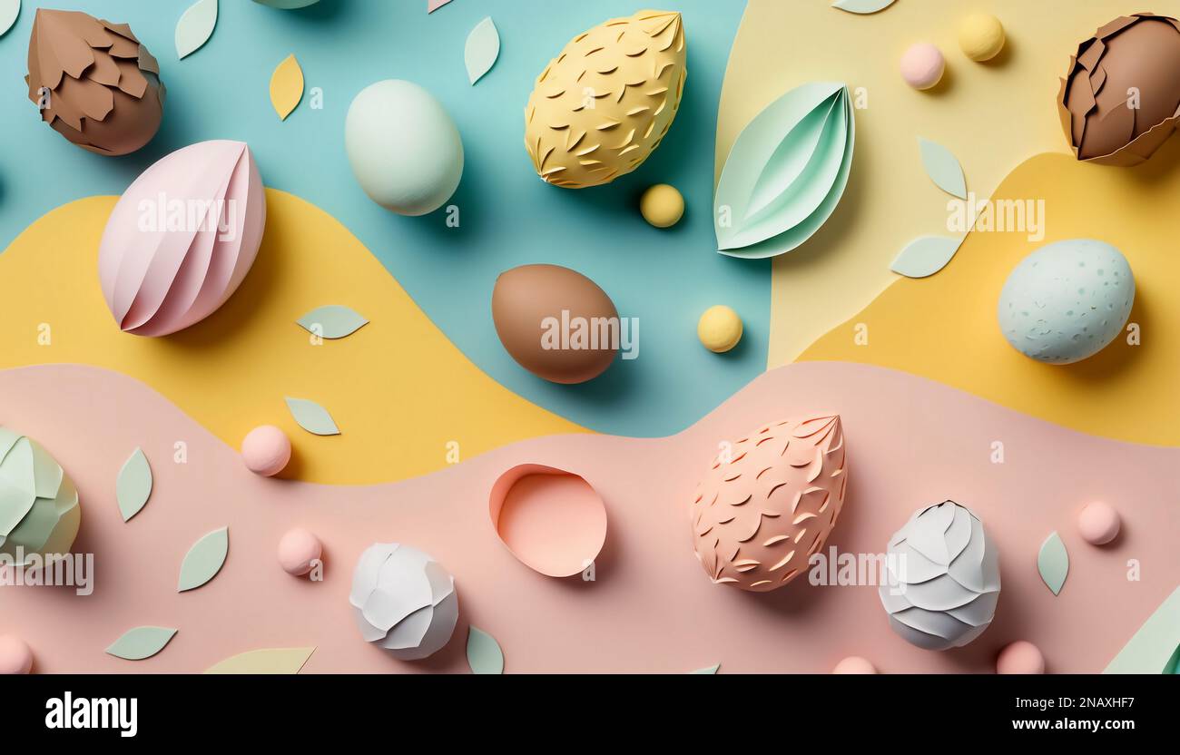 colorful background of paper balls and easter eggs. created using artificial intelligence Stock ...