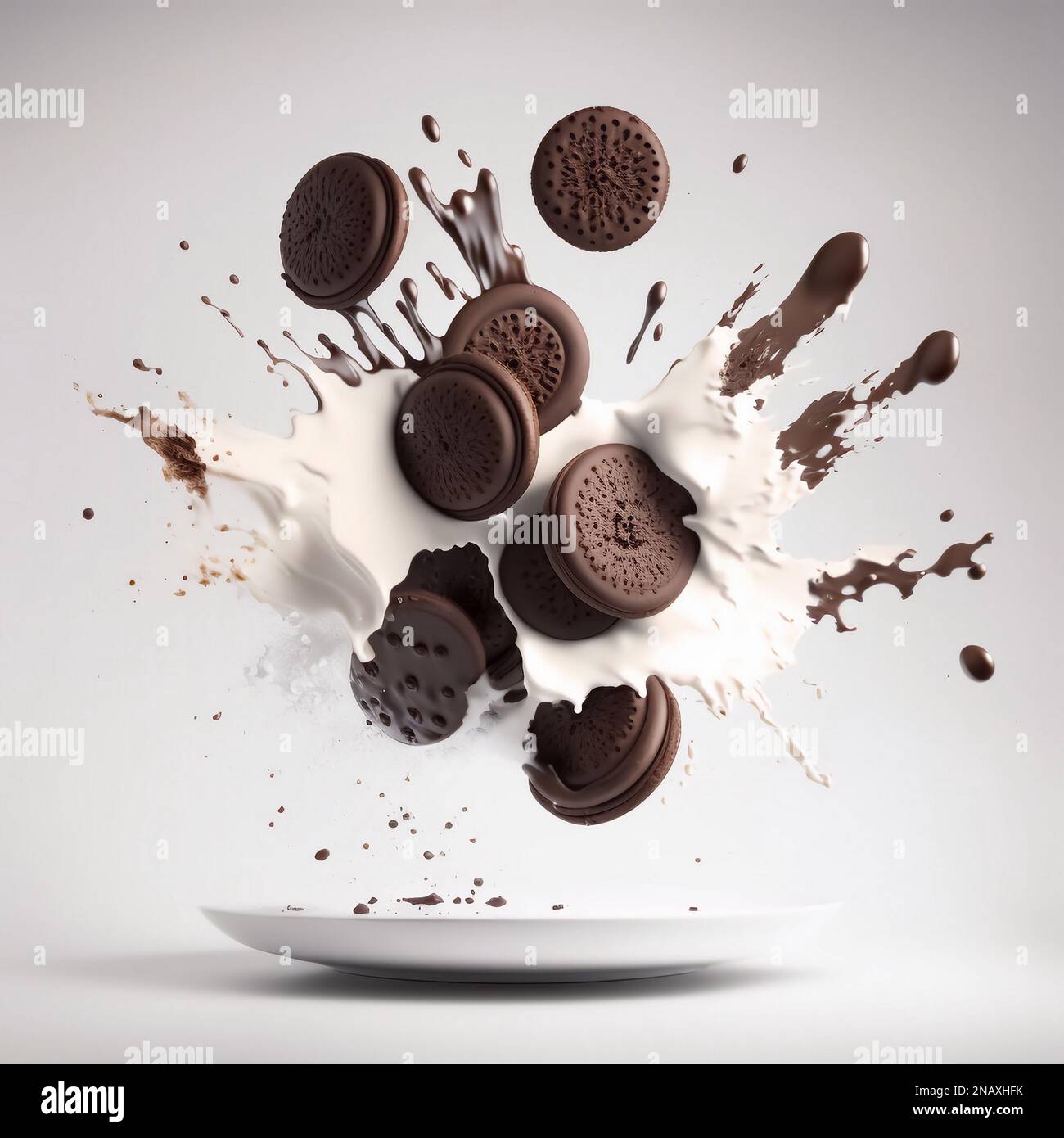 chocolate cookies fall into the milk, splashing milk and chocolate ...