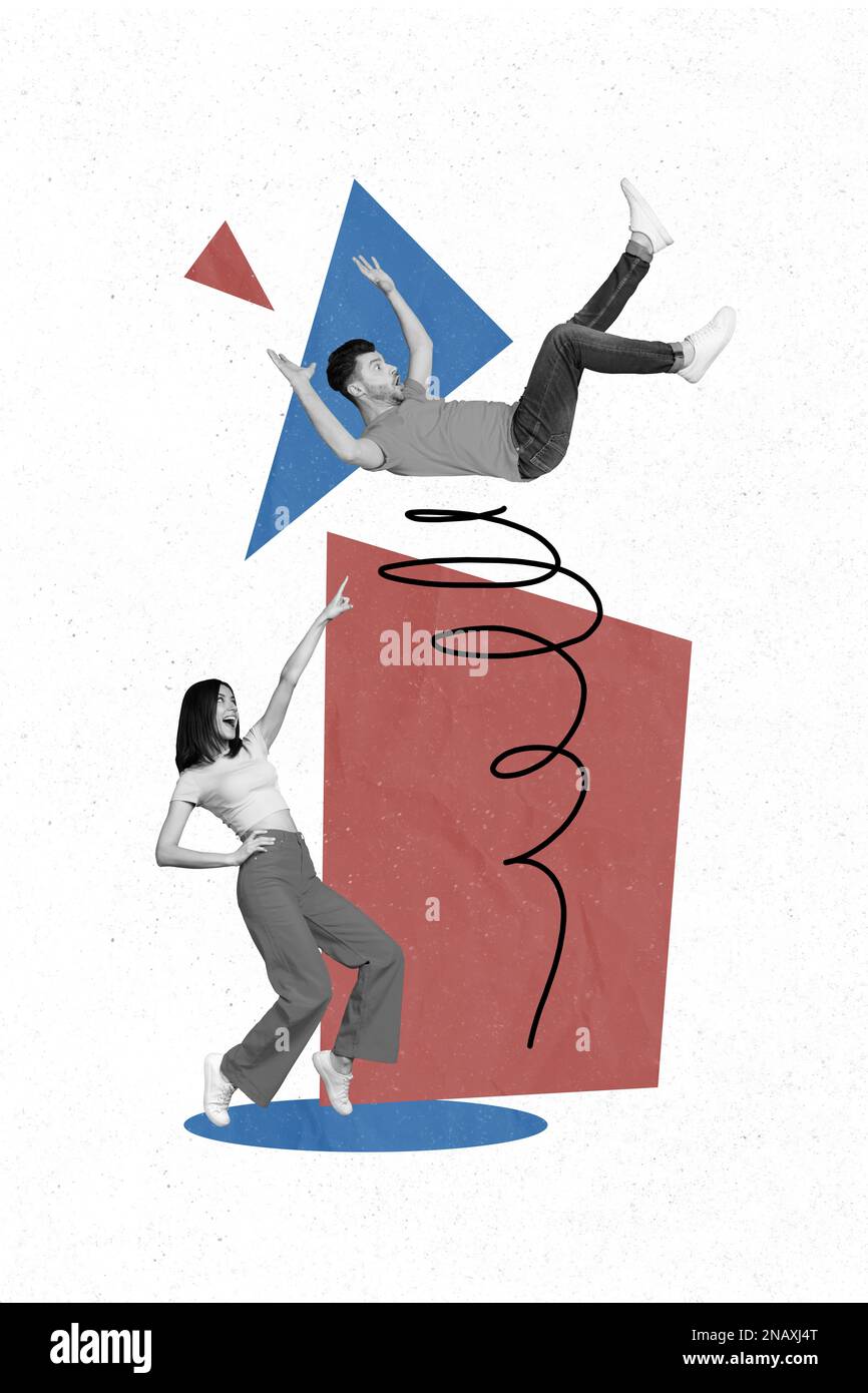 Vertical collage image of two black white gamma people girl point ...