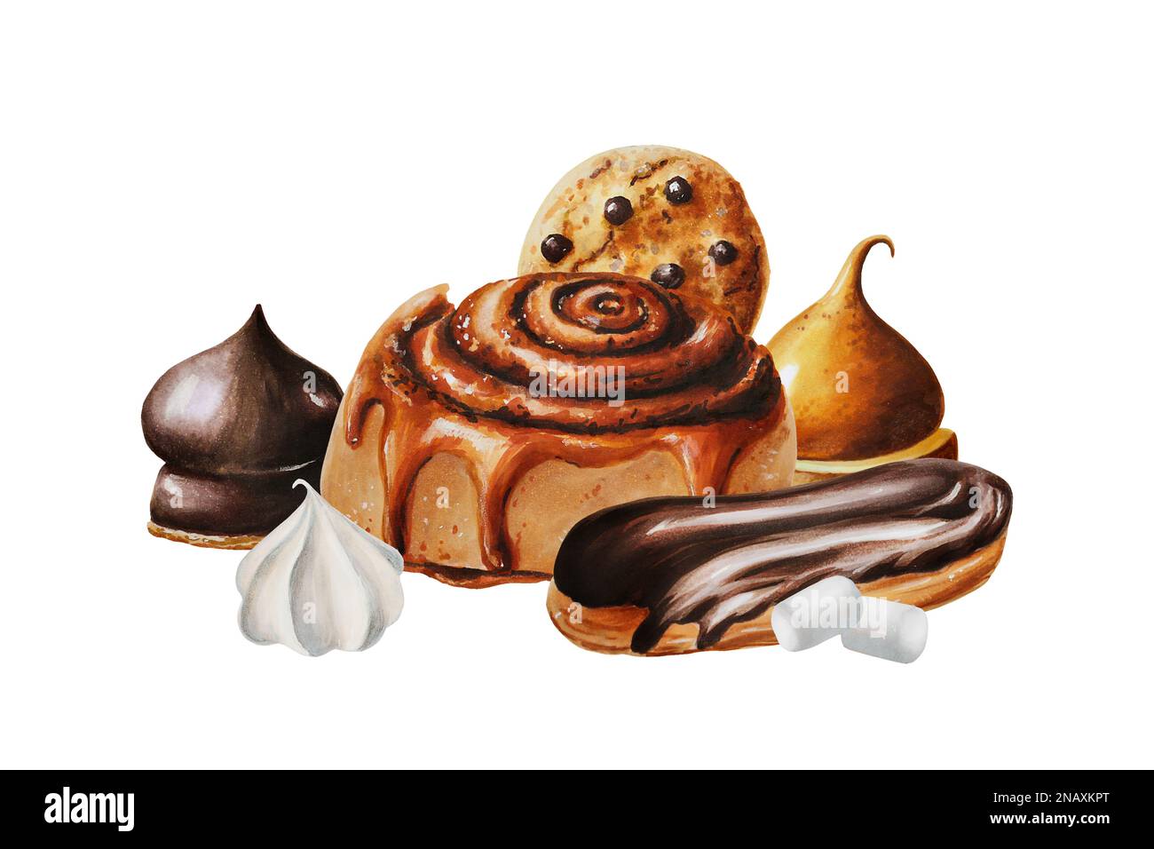 Watercolor composition with cinnamon bun, biscuits, marshmallows in ...