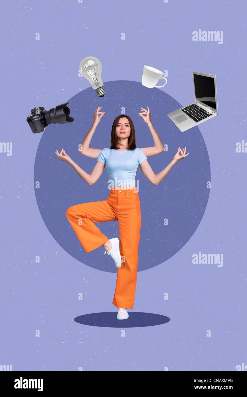 Vertical collage picture of busy peaceful girl stand one leg four arms ...