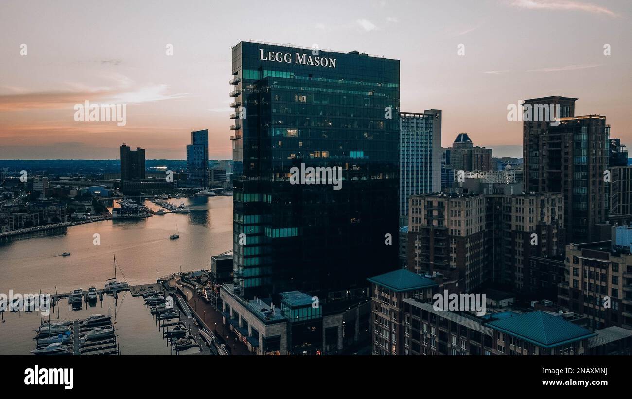 An aerial View of Legg Mason building and Baltimore Harbor next to it ...