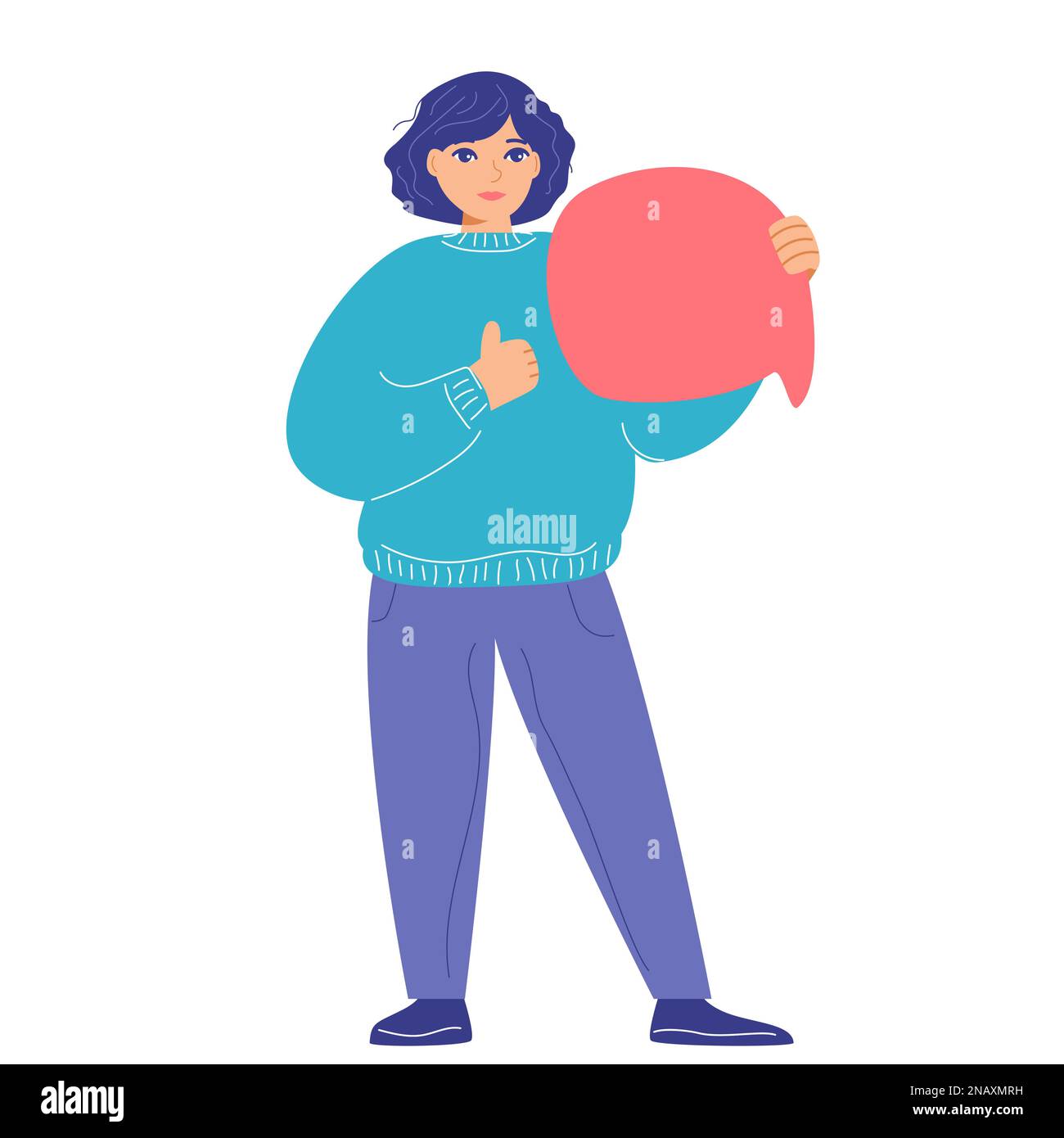 Girl hold speech bubble and show thumb up super hand sign. Review ...