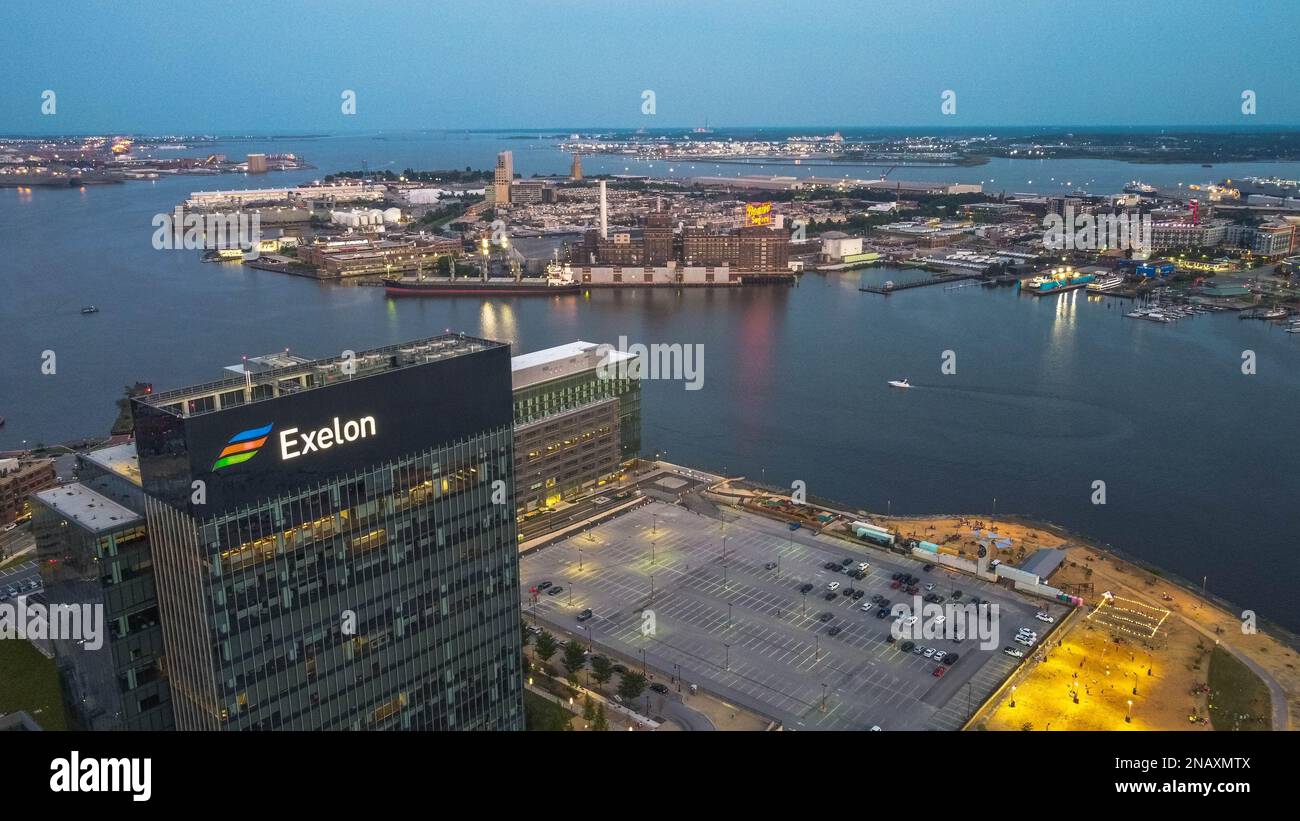 An aerial View of Exelon building with parking lot and Baltimore Harbor ...