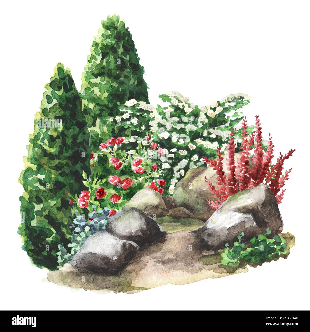 Garden flower bed, Landscape design . Hand drawn watercolor ...