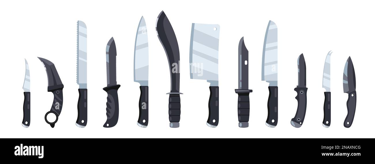 Knives collection. Sharp blade cooking tool for kitchen, folding combat ...
