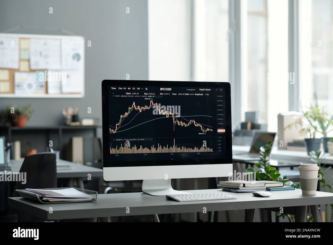 Financial graph and chart on screen of desktop computer standing on ...