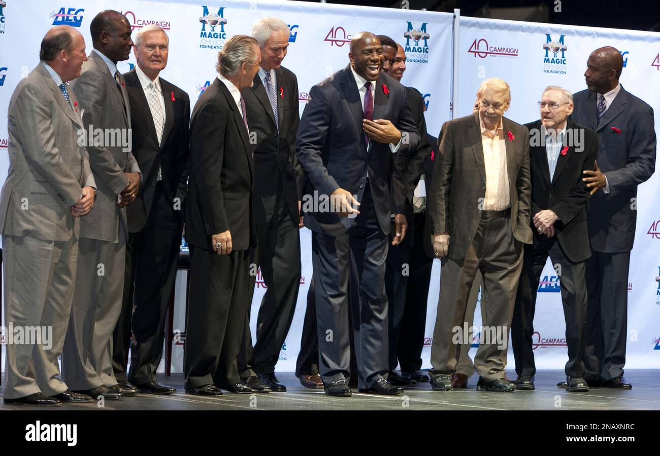 Los Angeles Lakers' team members, from left: Michael Cooper, Mike ...