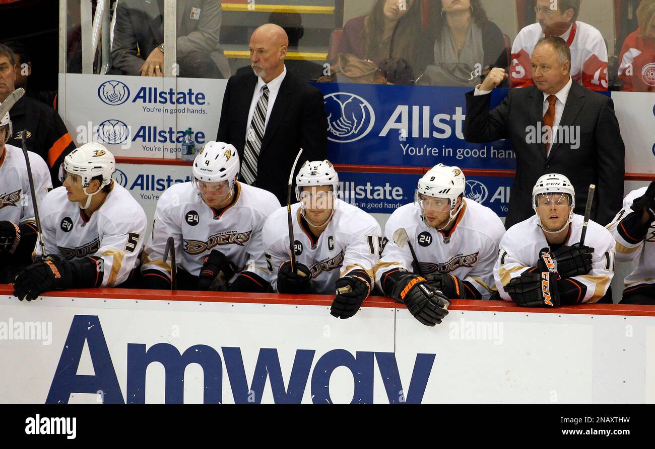 Anaheim Ducks head coach Randy Carlyle, top right, pumps his fist to ...