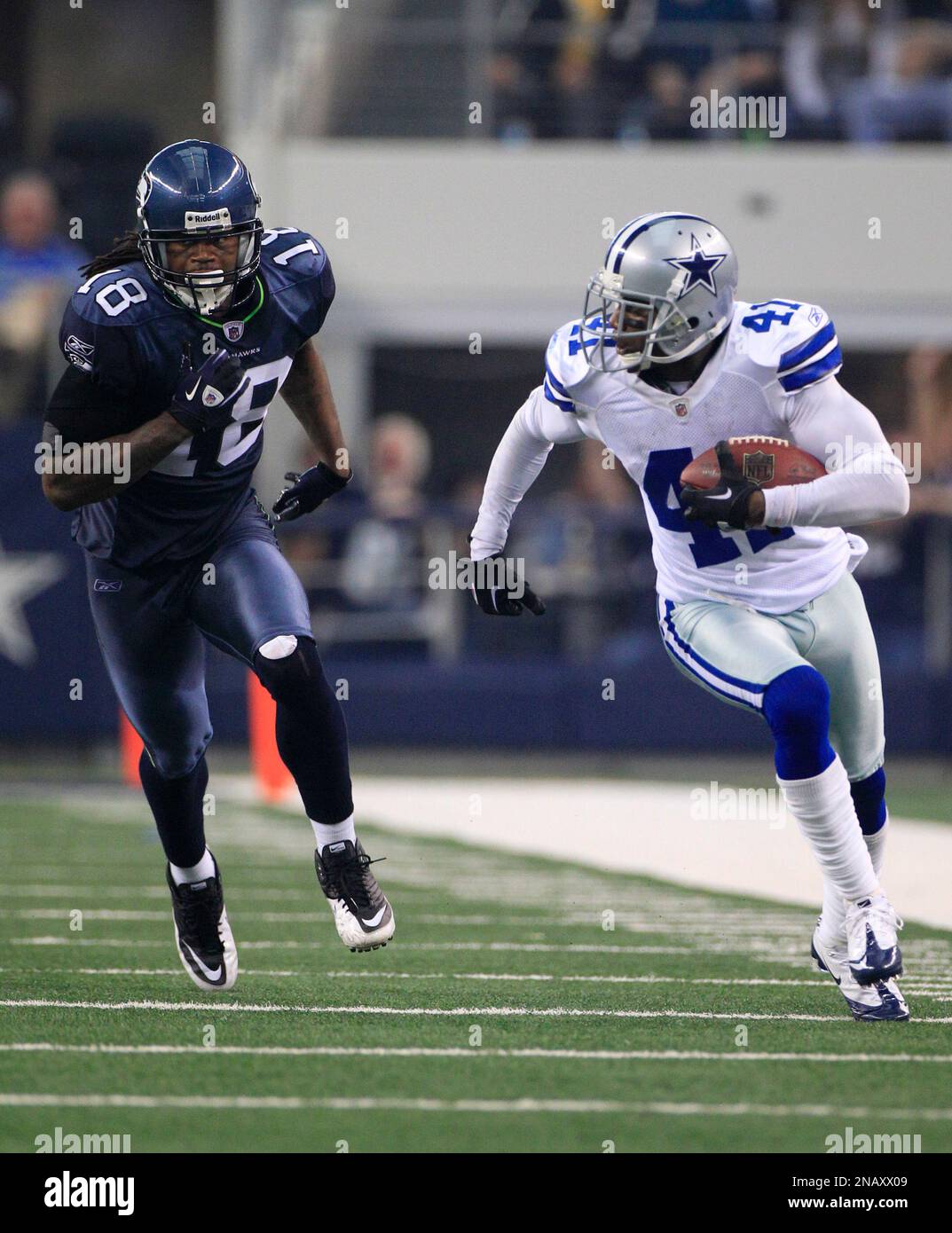 Dallas Cowboys cornerback Terence Newman (41) after making an interception intended for Seattle ...