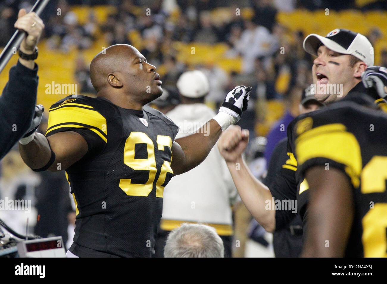 Pittsburgh Steelers linebacker James Harrison, left, and quarterback ...